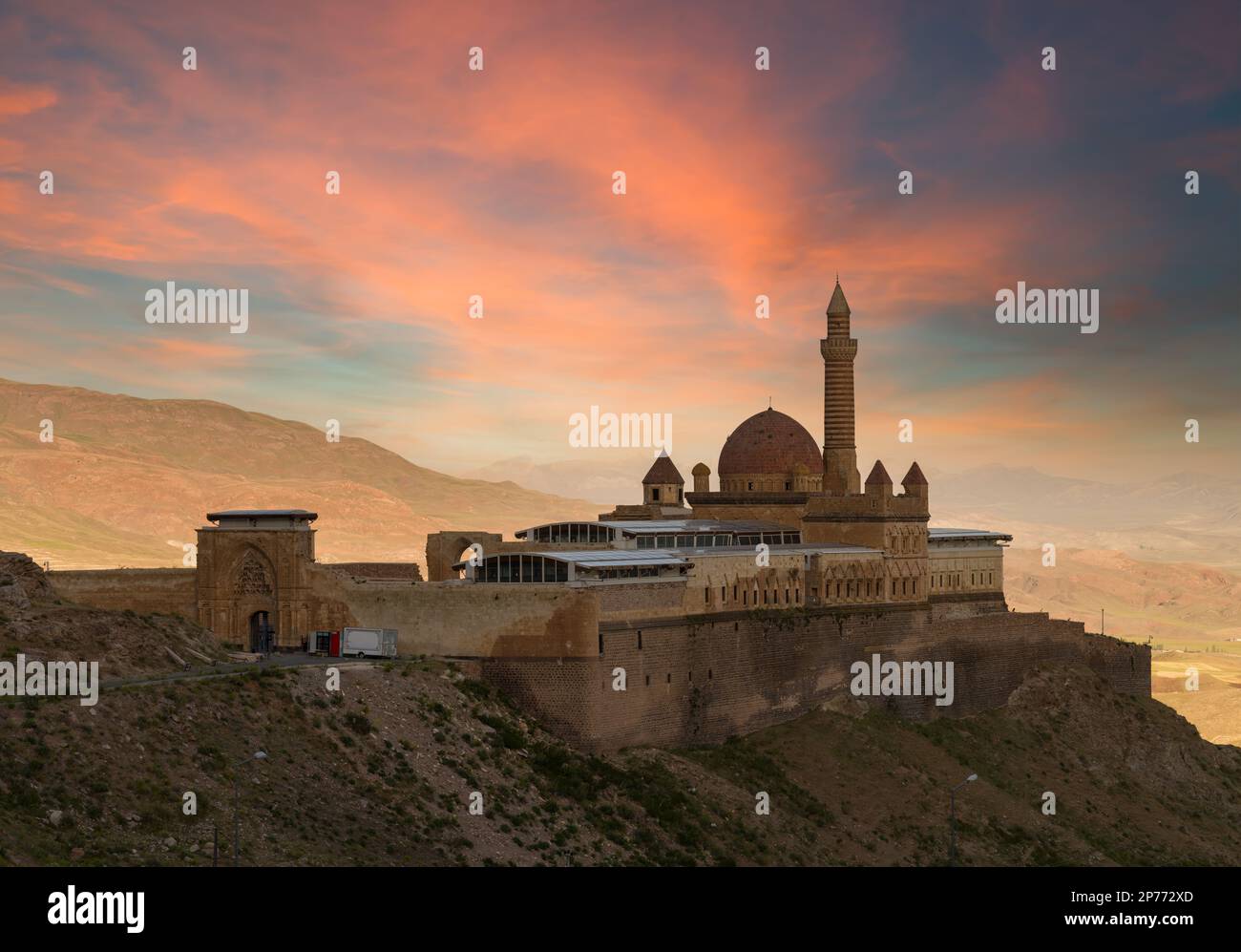 Sunrise at the historical and touristic Ishak Pasha Palace or Ishak ...
