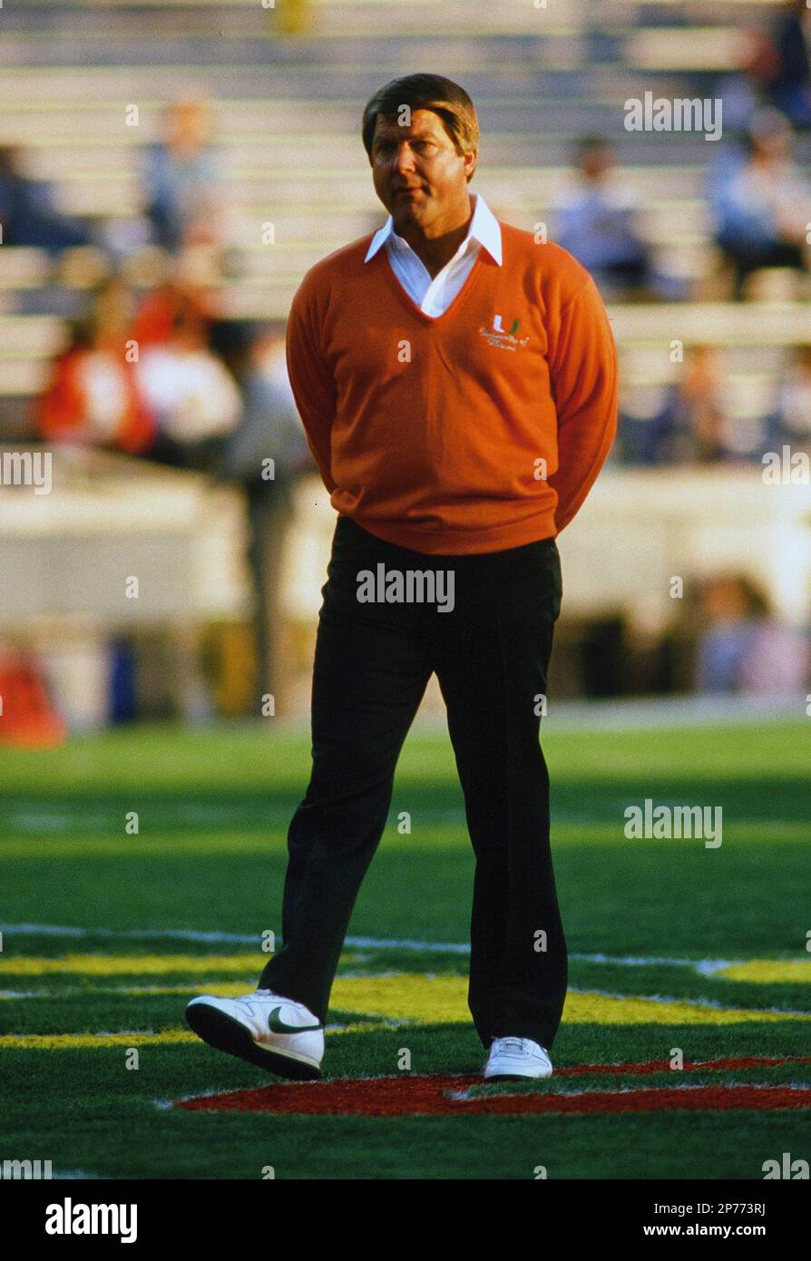 Miami Hurricanes head coach Jimmy Johnson looks on during pregame ...
