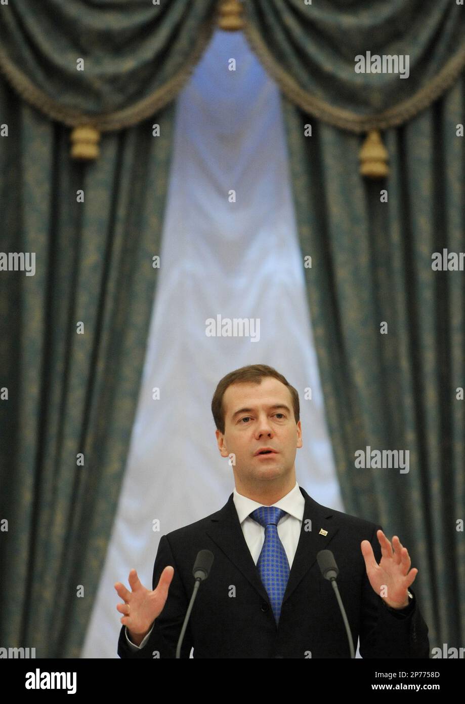 Russian President Dmitry Medvedev speaks during an awarding ceremony in ...