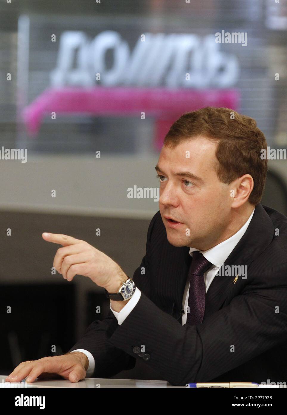 Russian President Dmitry Medvedev speaks during a live interview on ...