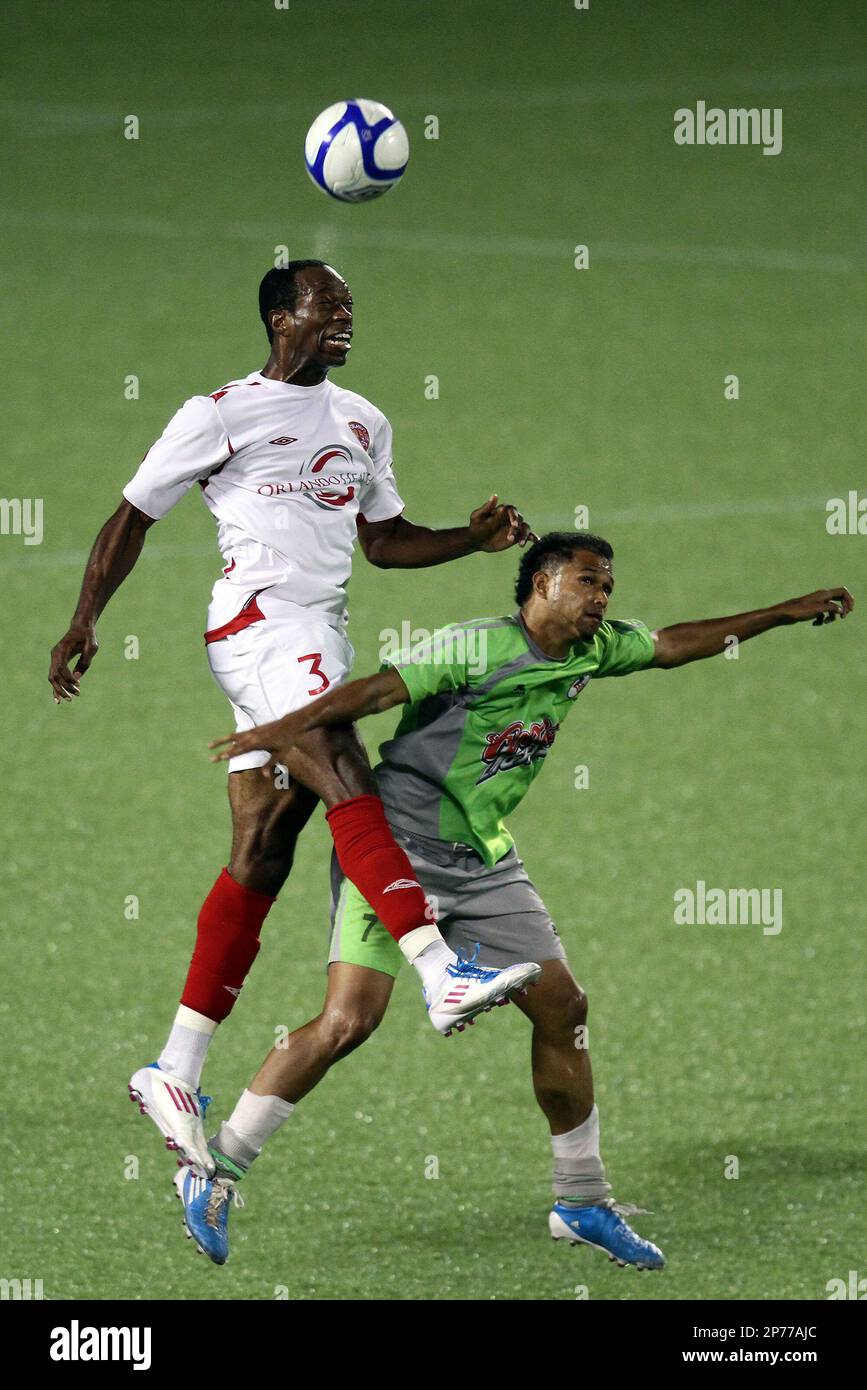 Orlando City Lions Defenseman Demar Stewart (3) heads the ball during a ...