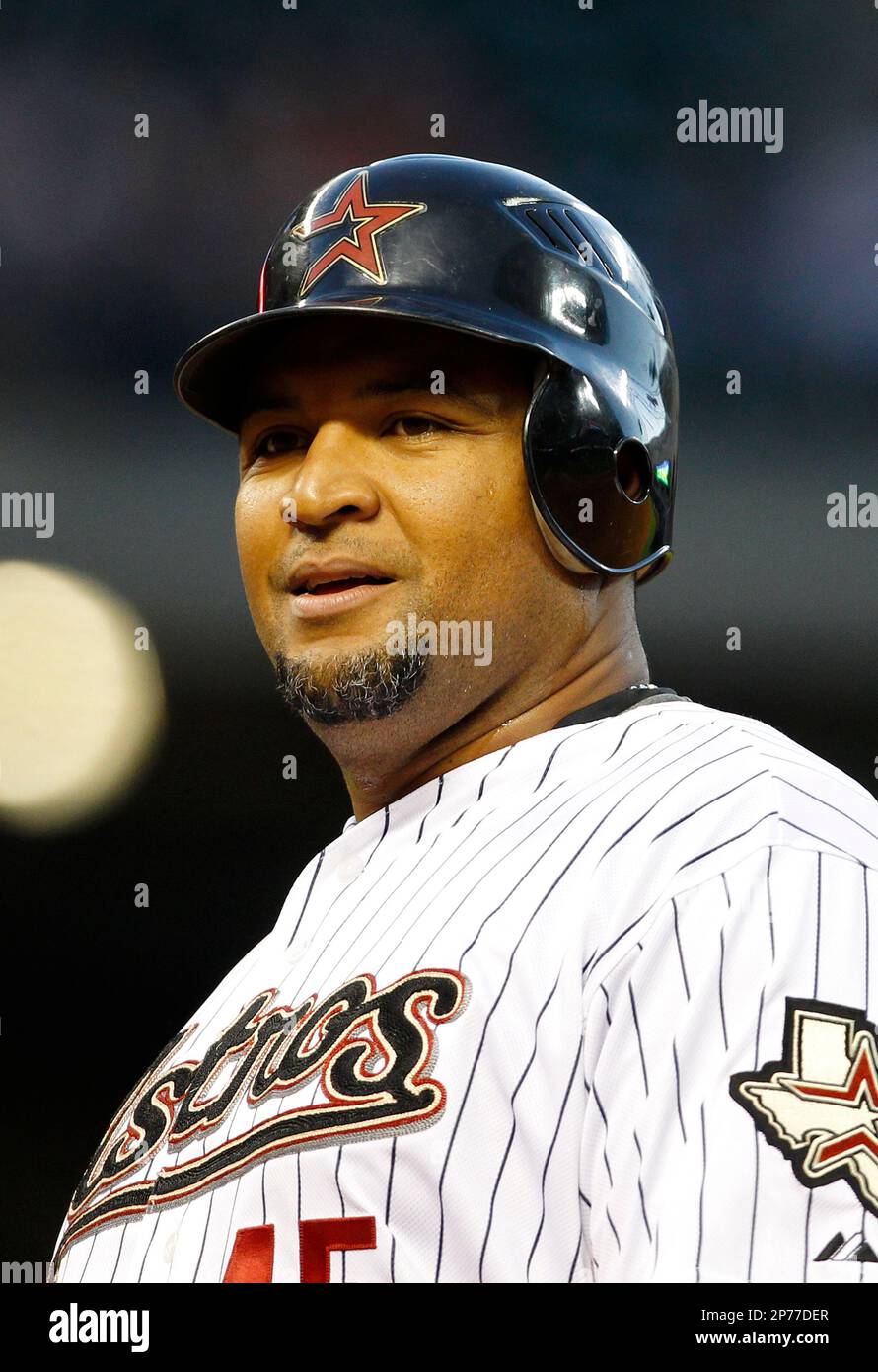 Houston Astros left fielder Carlos Lee (45) looks on during an MLB ...