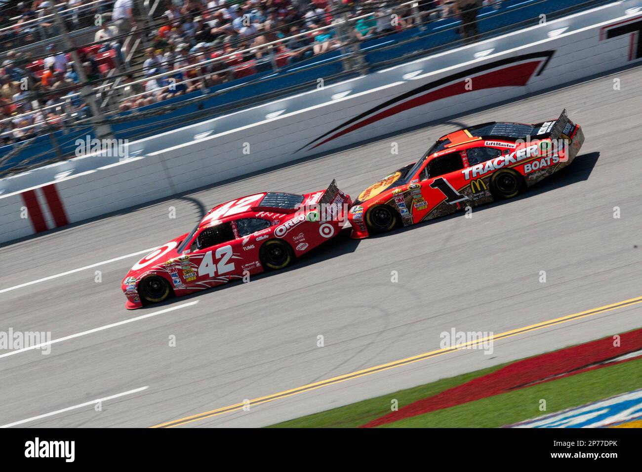 TALLADEGA, AL - APR 17, 2011: Juan Pablo Montoya (42) and Jamie ...
