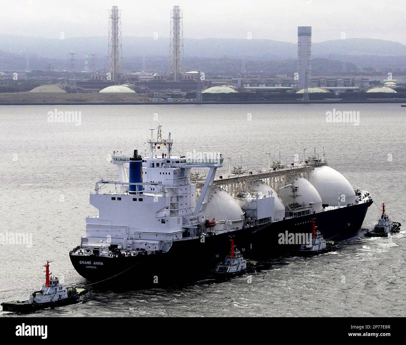 An aerial photo shows the LNG tanker Grand Aniva arriving from Russia ...