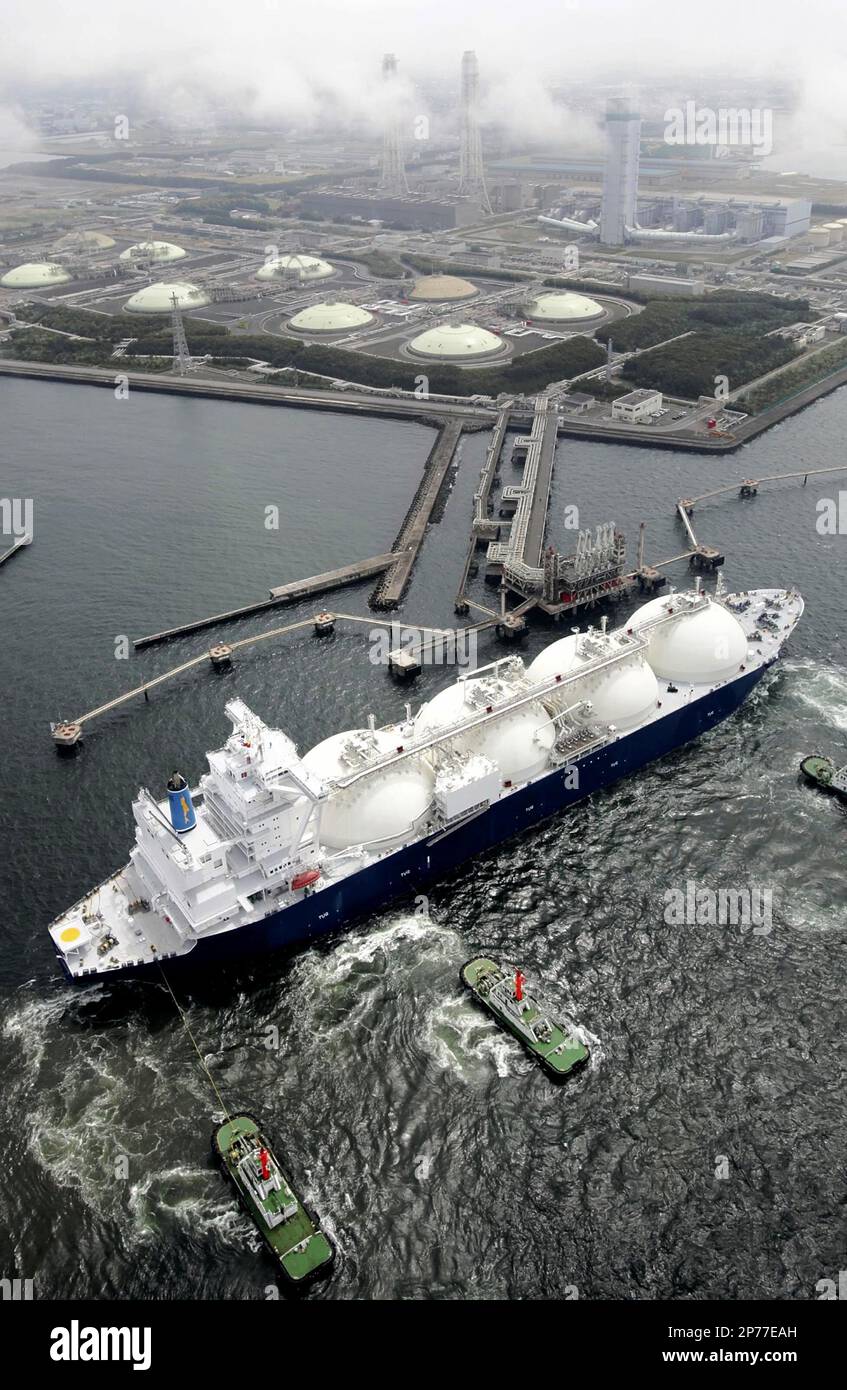 An aerial photo shows the LNG tanker Grand Aniva arriving from Russia ...