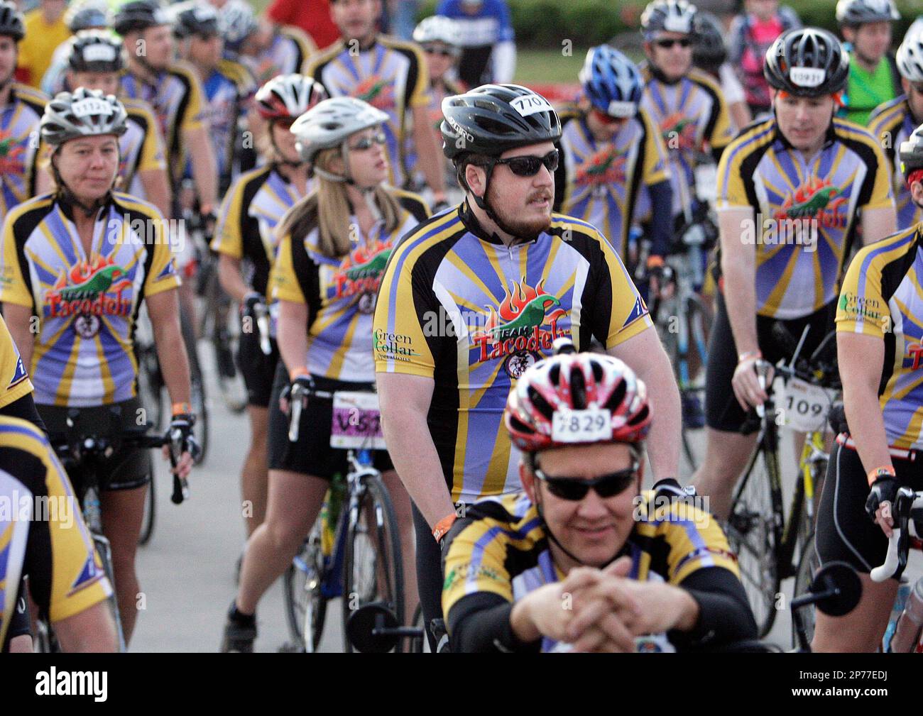 Bicyclist wait for the start of the 2011 BP MS150 charity bicycle ride ...