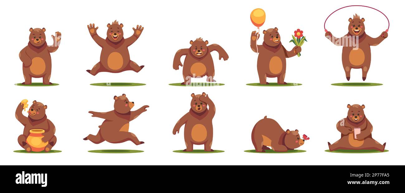 Cartoon bear. Cute friendly wildlife animals in different poses and ...