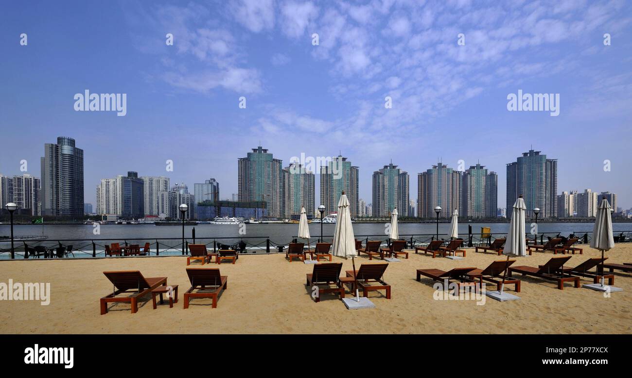 A view of the artificial beach at the south Bund in Shanghai on Friday ...