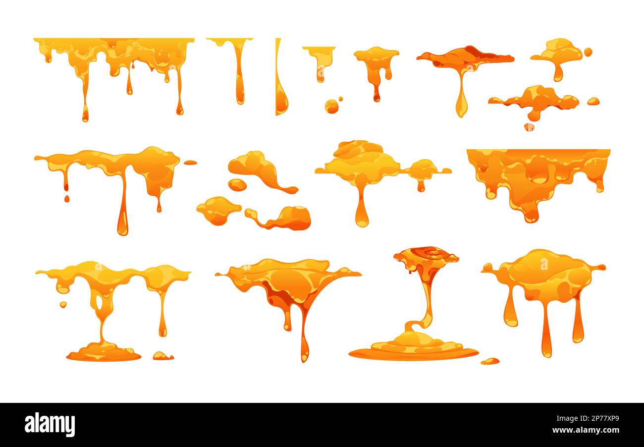 Dripping honey. Yellow sweet liquid nectar essence flow, syrup drops ...