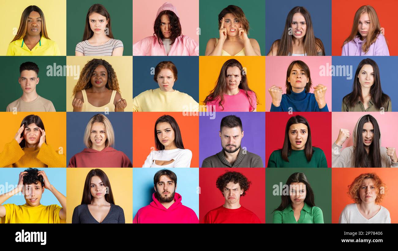 Human emotions. Collage of ethnically diverse people, men and women ...