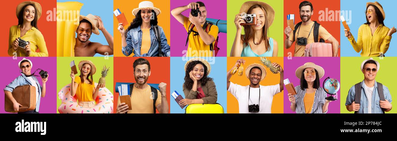 Collection of multicultural millennial people enjoying vacation ...