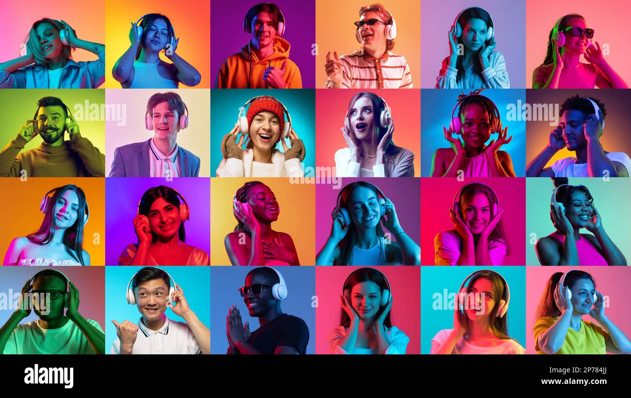 Emotions and facial expressions. Collage of ethnically diverse people expressing different ...