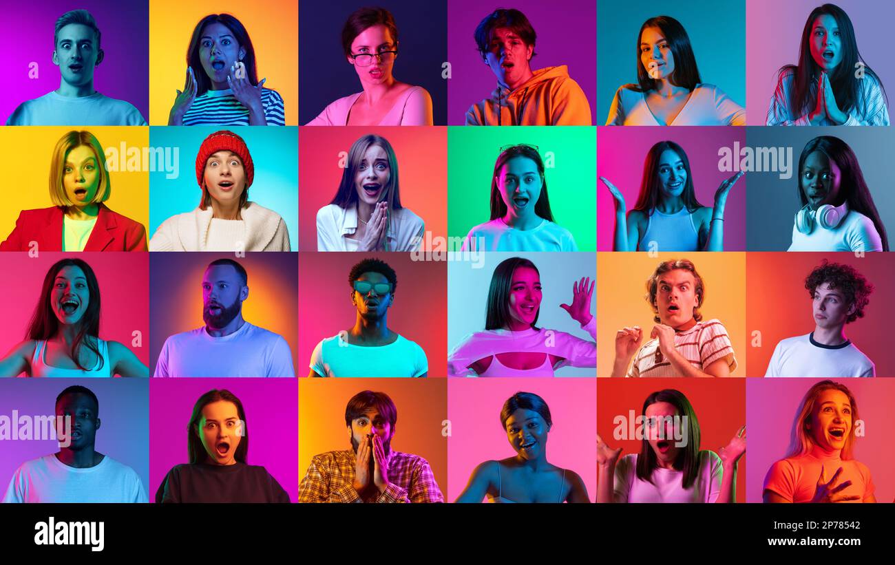 Emotions and facial expressions. Collage of ethnically diverse people expressing different ...