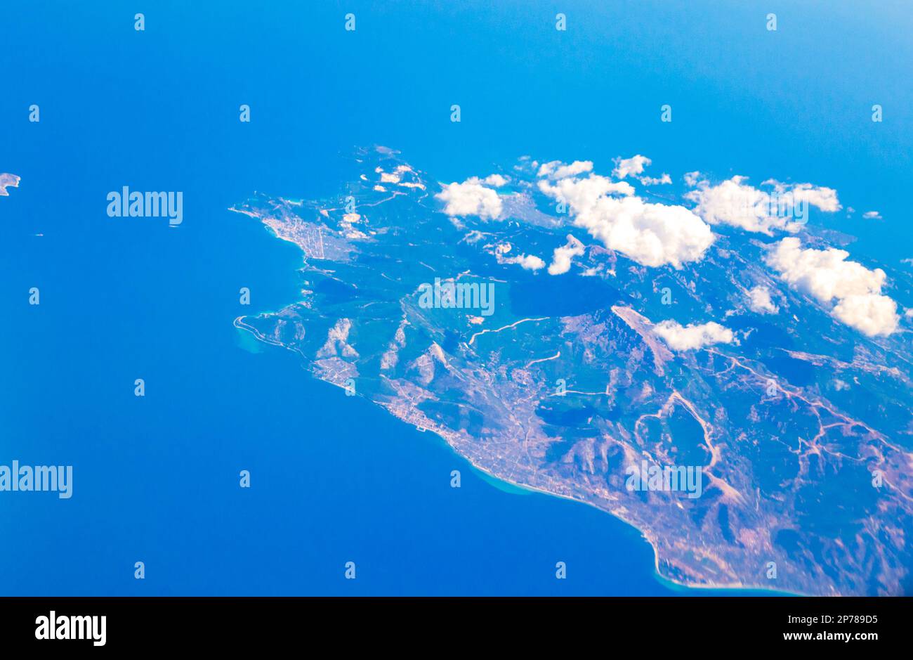 Thasos island seen from flying airplane .Northernmost Greek island with ...