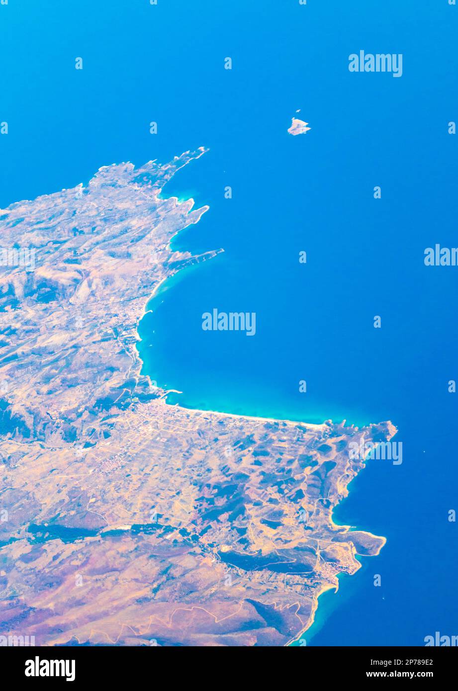 Thasos island seen from flying airplane .Northernmost Greek island with ...