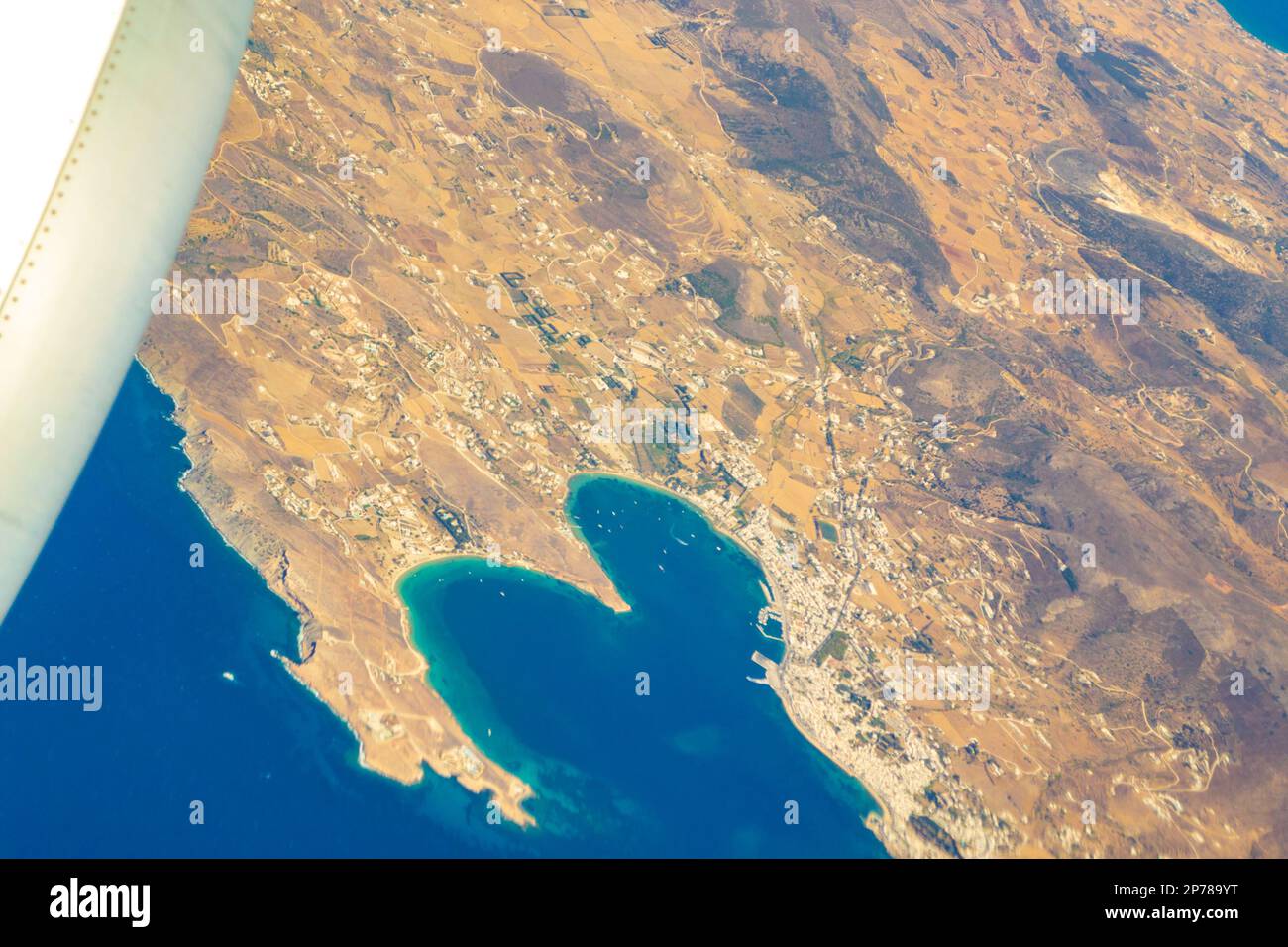 Aerial view of Paros island heart shaped bay with Parikia town.seen ...