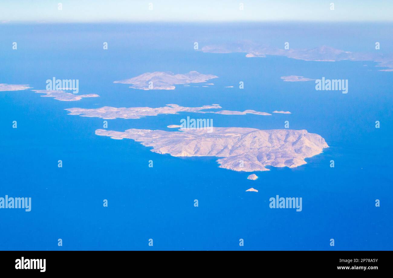 Iraklia , Schinoussa,Keros,Amorgos islands seen from flying airplane to ...