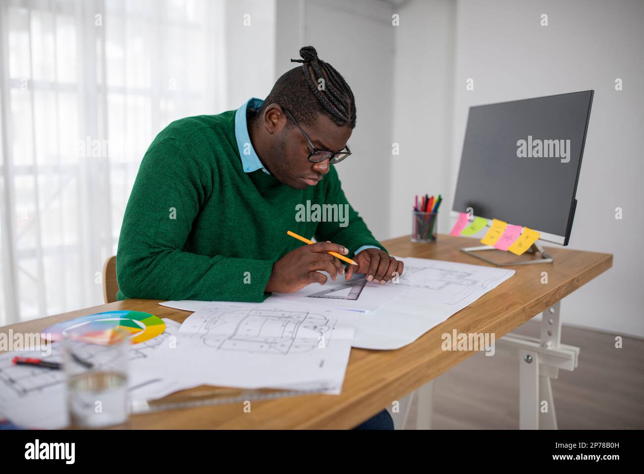 African American Architect Man Working Drawing A Plan At Workplace ...