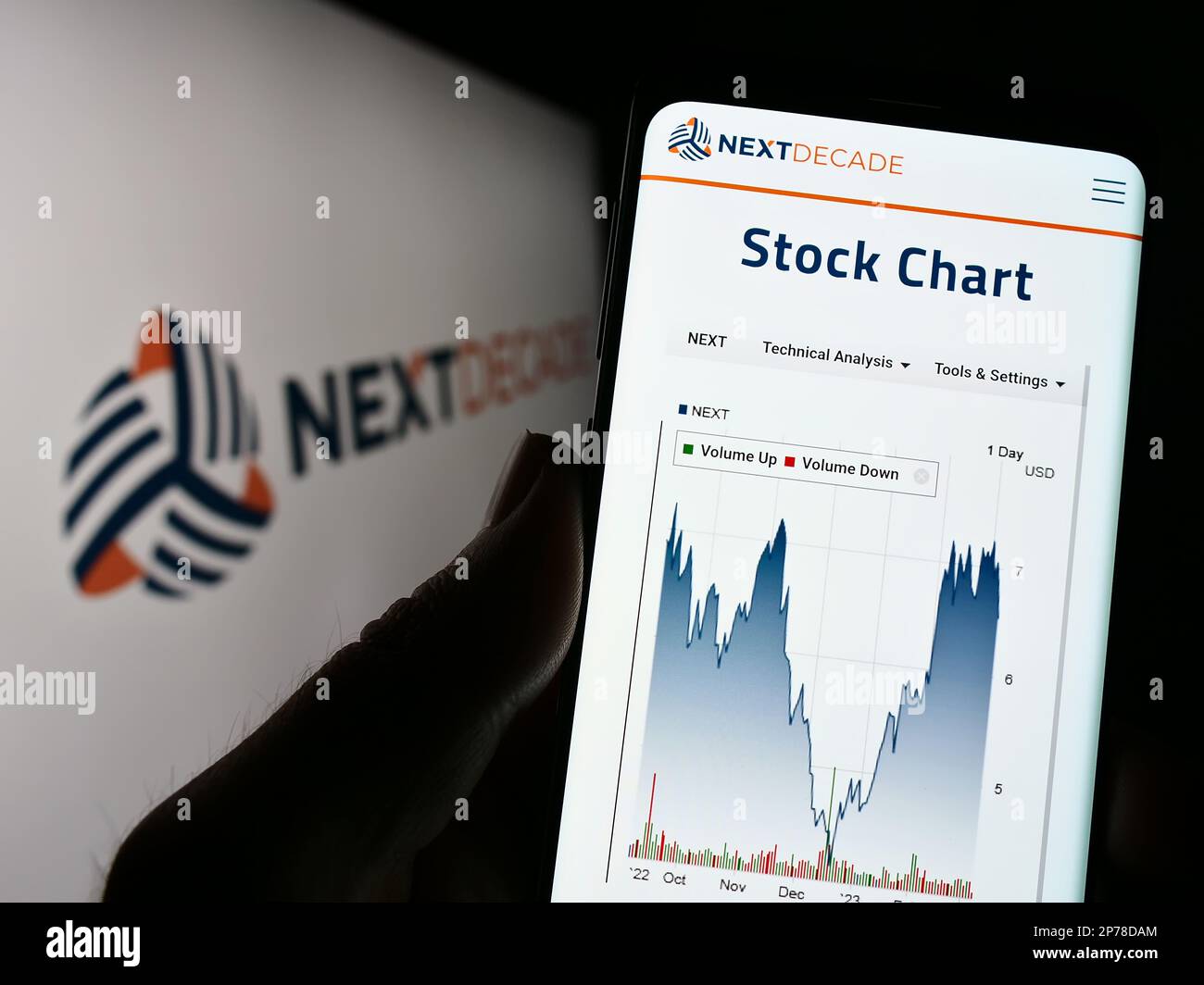 Person holding smartphone with webpage of US energy company NextDecade ...