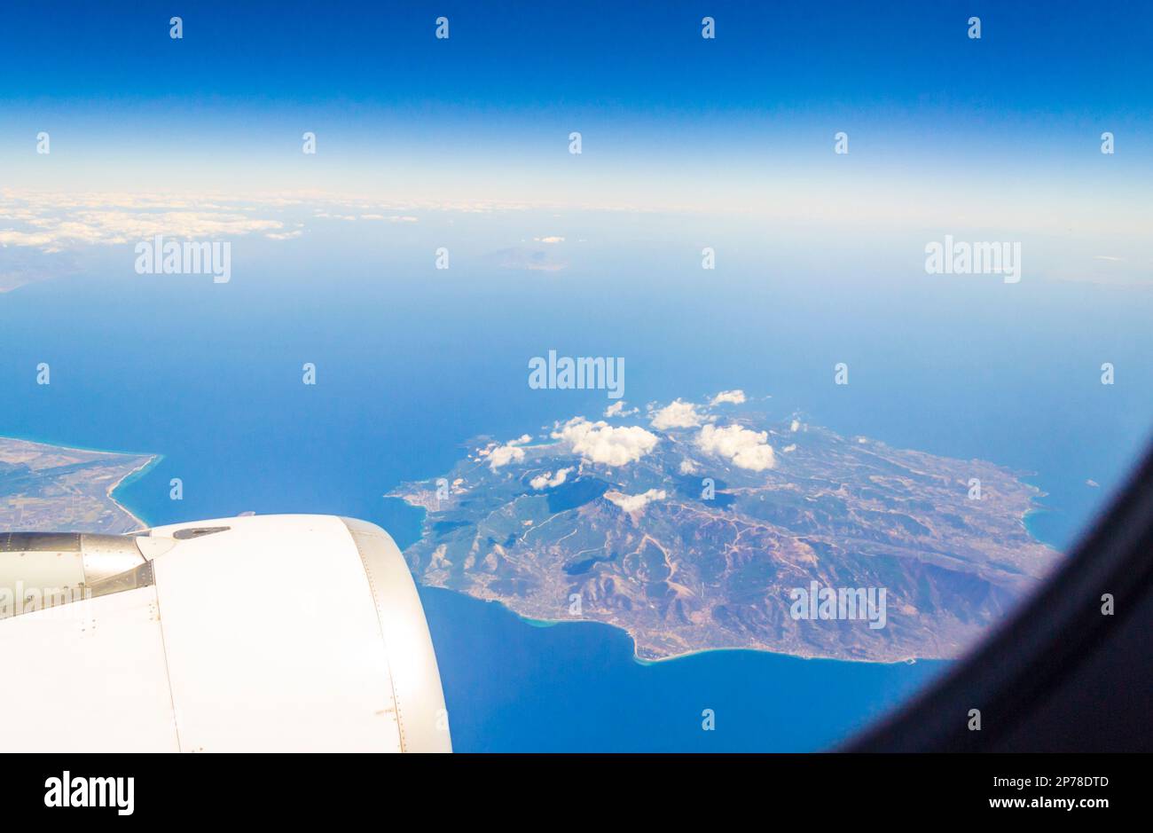 Thasos island seen from flying airplane window.Northernmost Greek ...