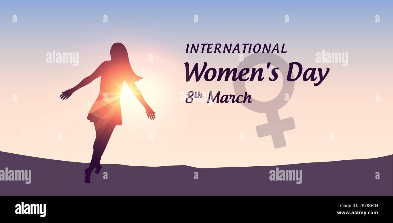 happy womans day 8th march girl with raised arms at sunshine Stock ...