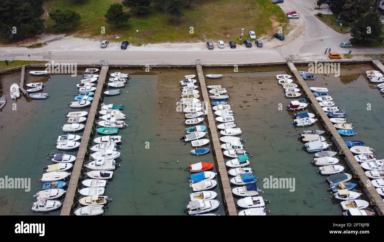 Aerial view of extreme tide in Valbandon harbour on 21. February, 2023 ...
