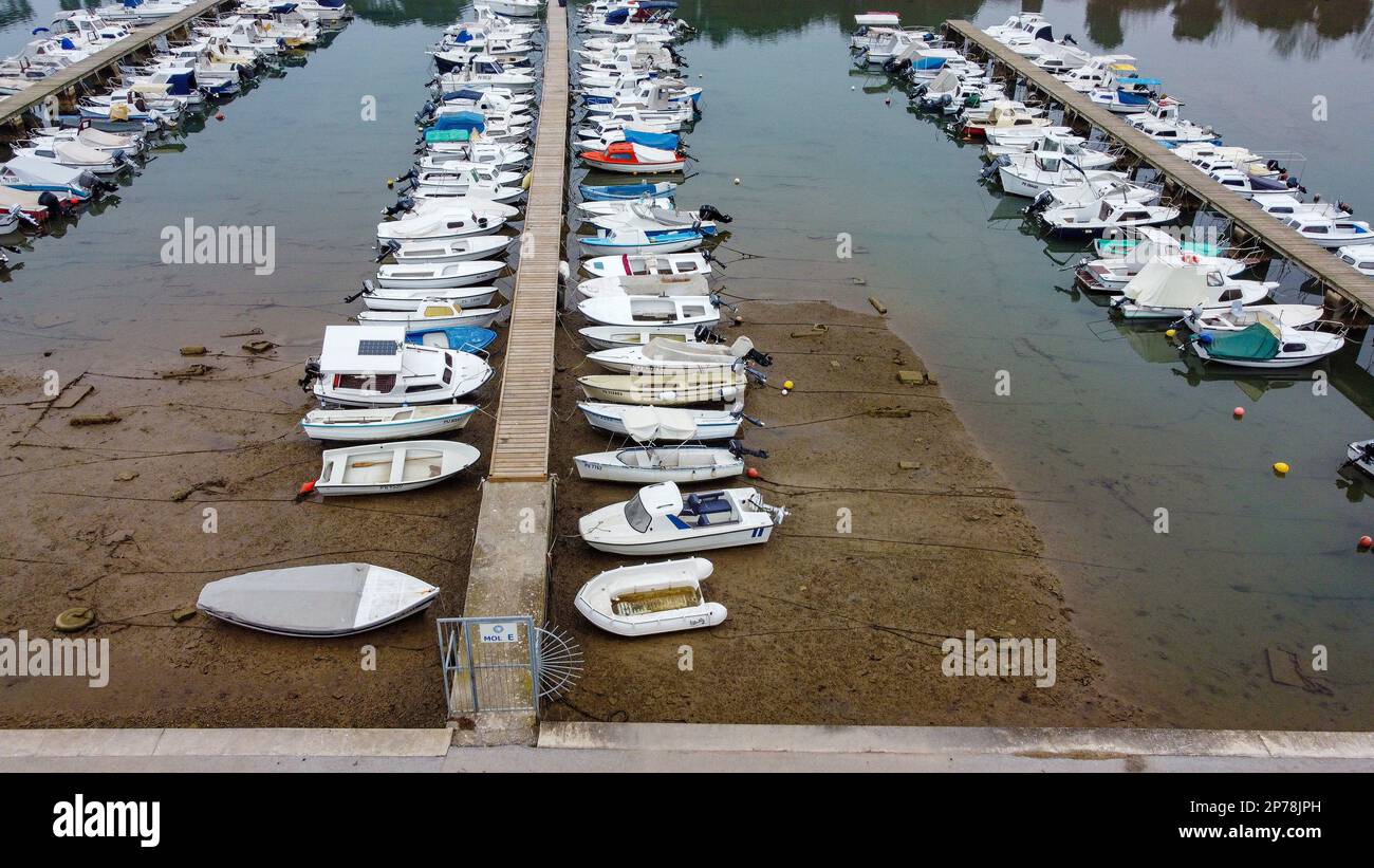 Aerial view of extreme tide in Valbandon harbour on 21. February, 2023 ...