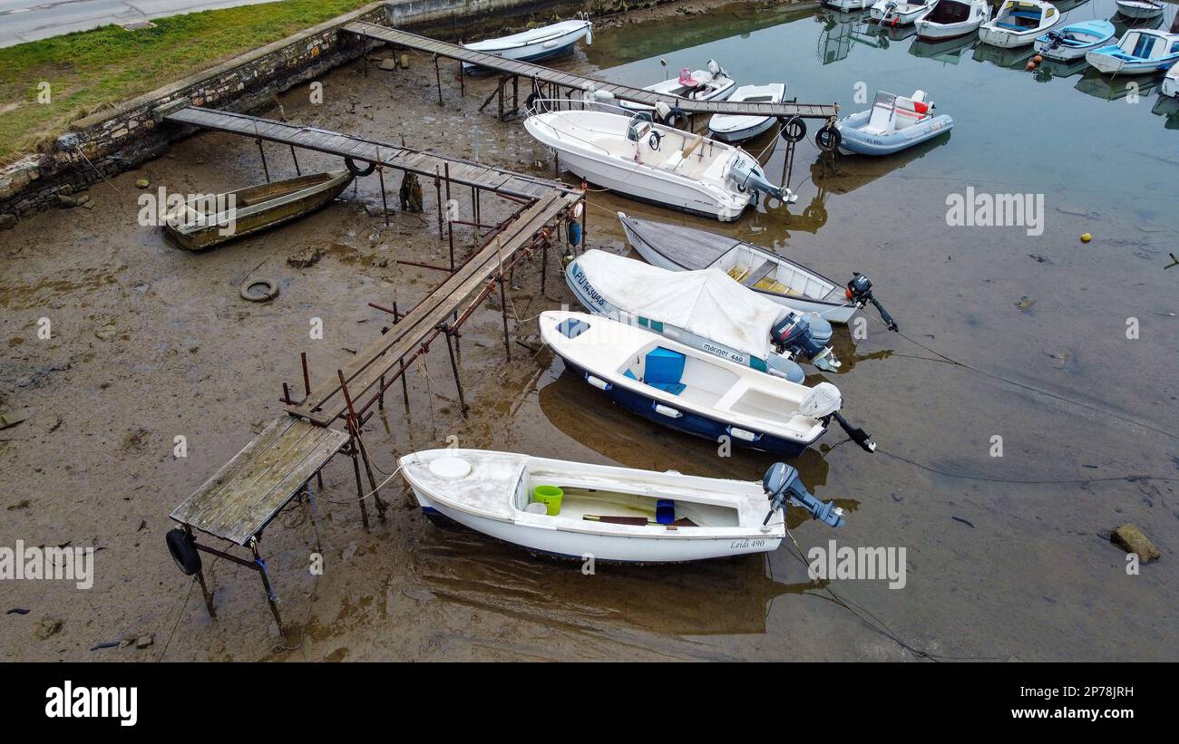 Aerial view of extreme tide in Valbandon harbour on 21. February, 2023 ...