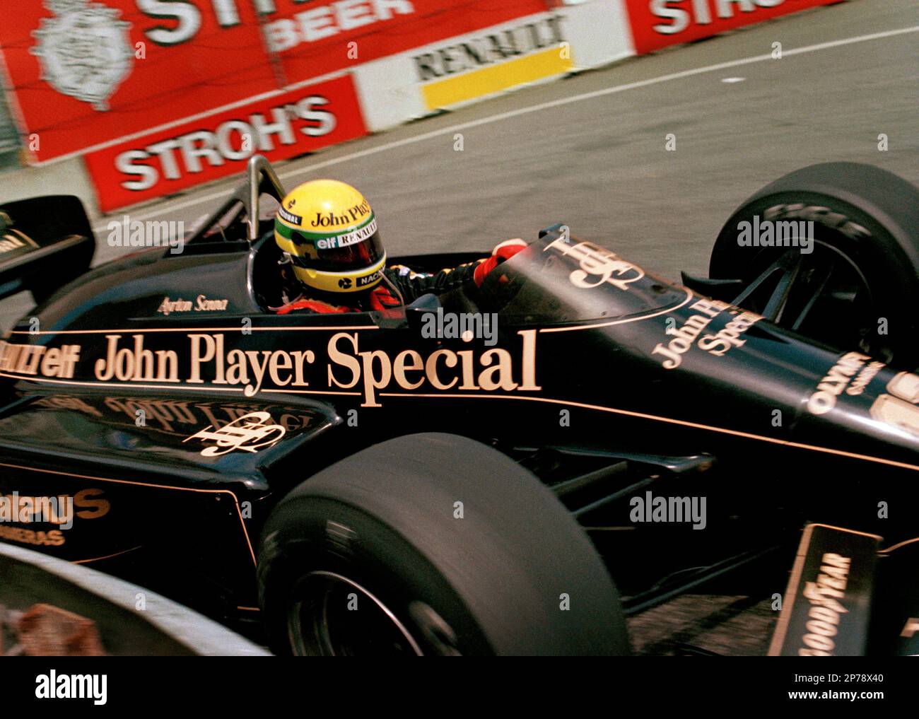 Ayrton Senna of Brazil drives his John Player Special Lotus-Renault ...