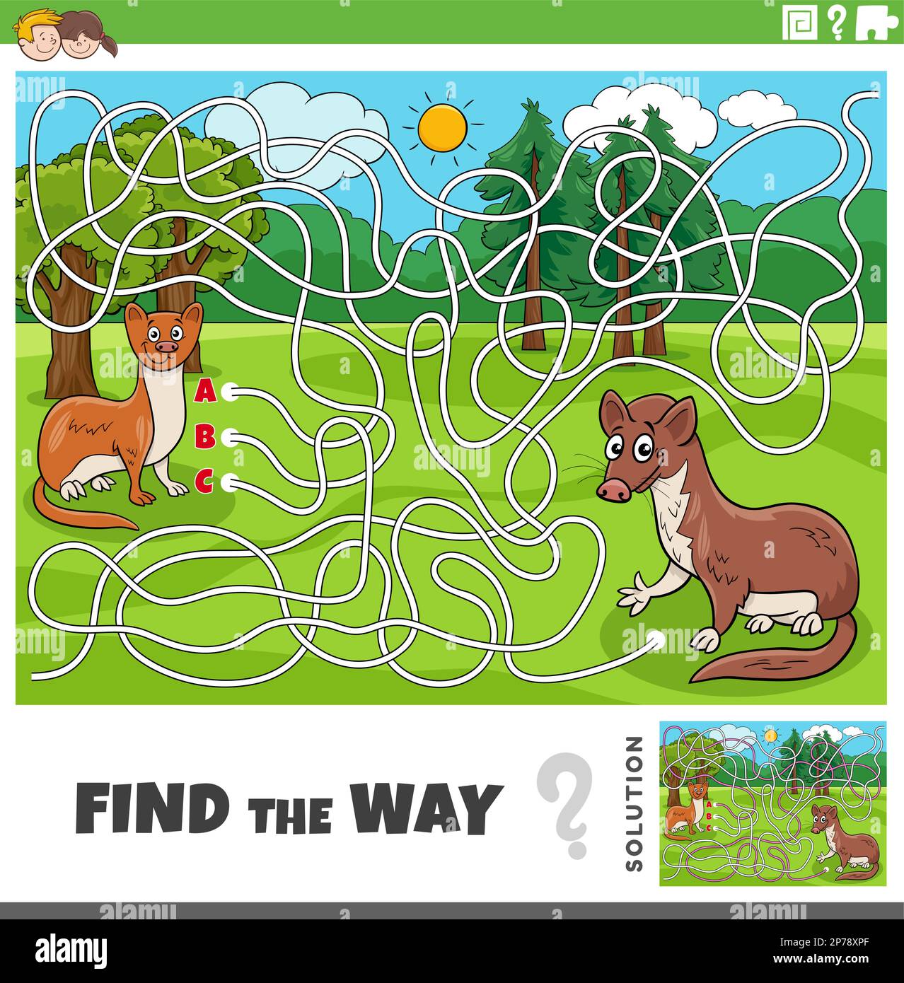 Cartoon illustration of find the way maze puzzle game with weasel ...
