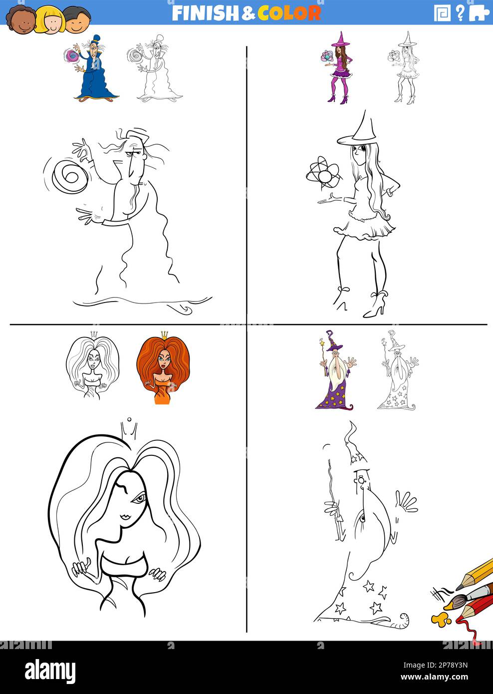 Cartoon illustration of drawing and coloring educational worksheets set ...