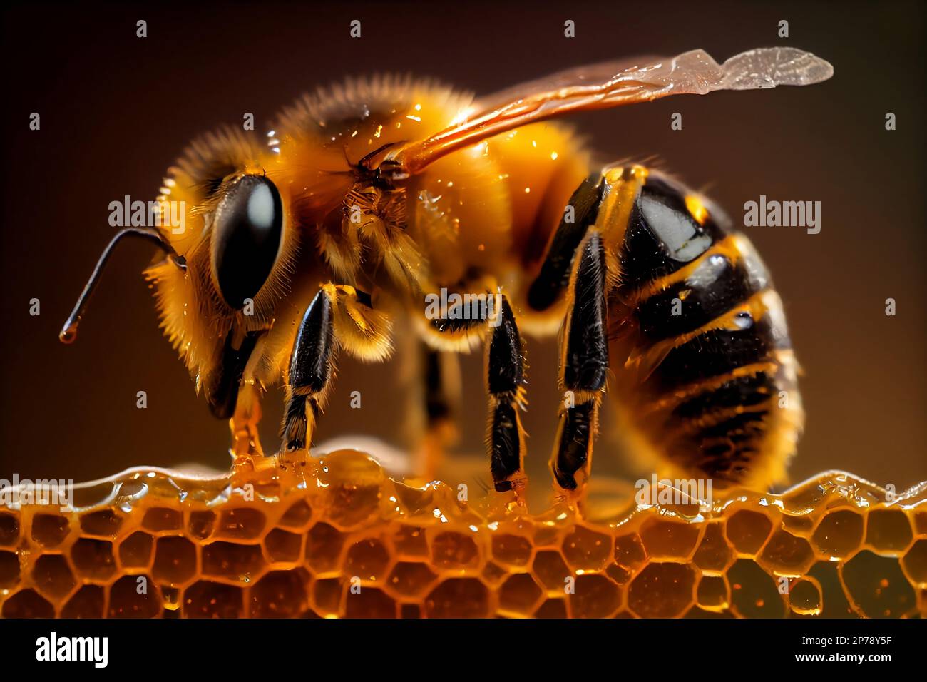 Macro photo of a bee hive on a honeycomb. Bees produce fresh, honey ...