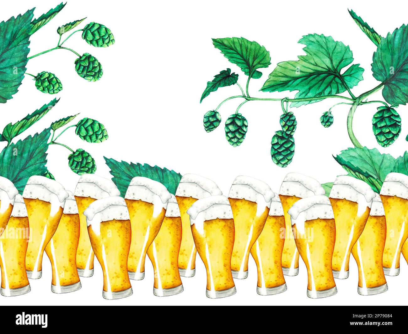 Seamless border green hop and beers. Watercolor illustration for ...