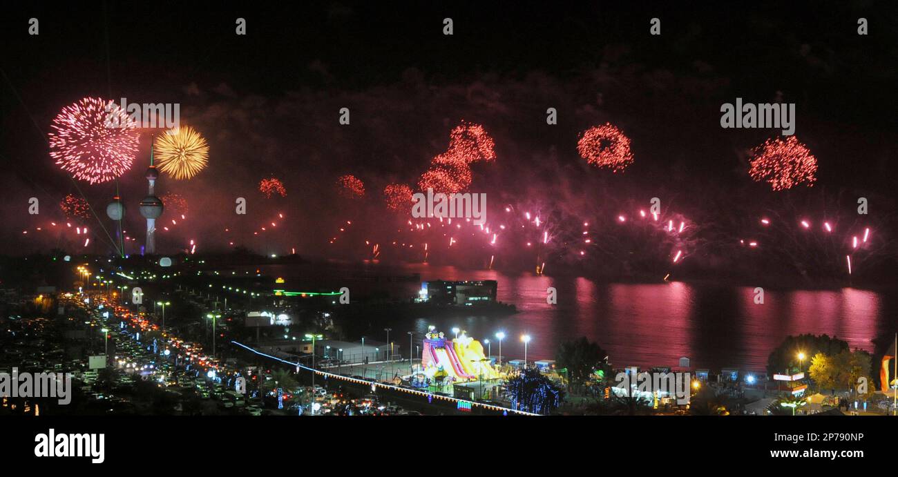 Fireworks at Kuwait Towers marking the Fiftieth Anniversary of the ...
