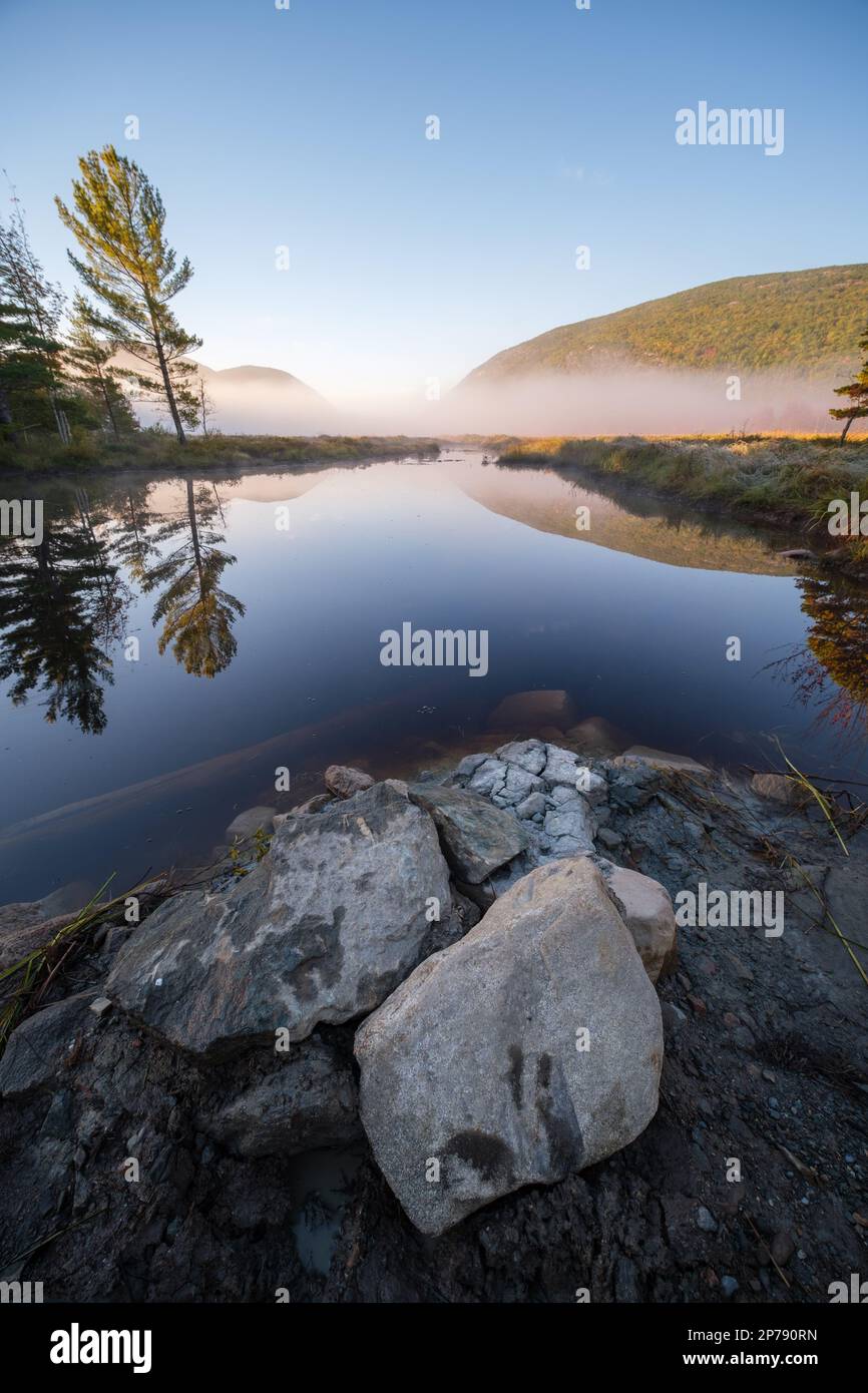 The Tarn in Acadia National Park at the foot of Cadillac Mountain with ...