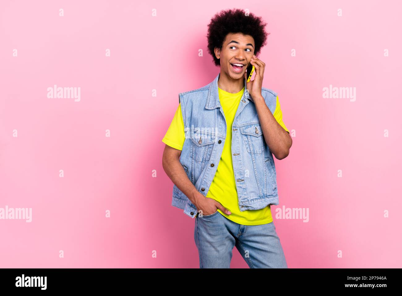 Portrait of funky cheerful person speak communicate telephone isolated ...