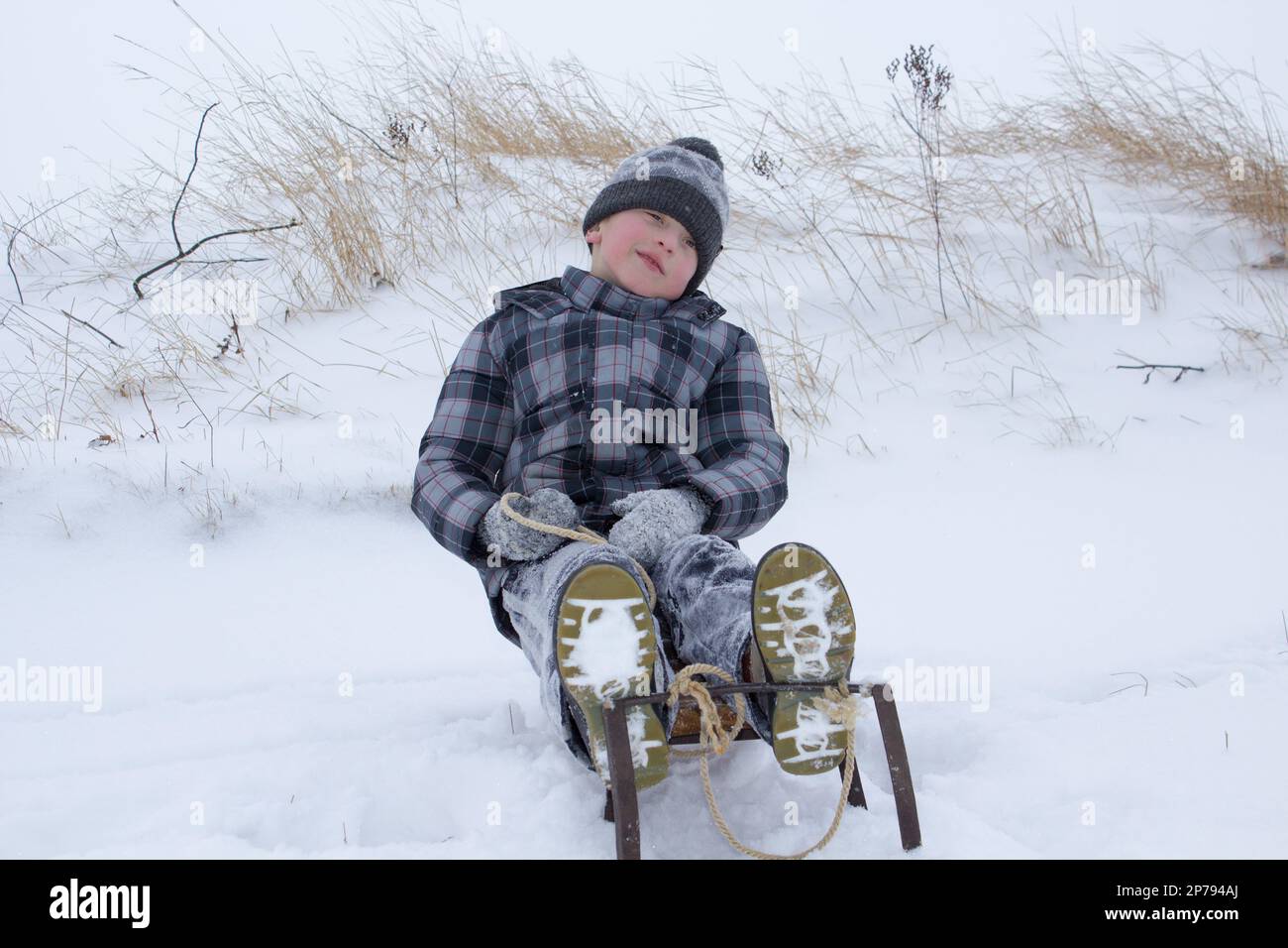 resting boy sitting on sledges in winter in snow Stock Photo - Alamy