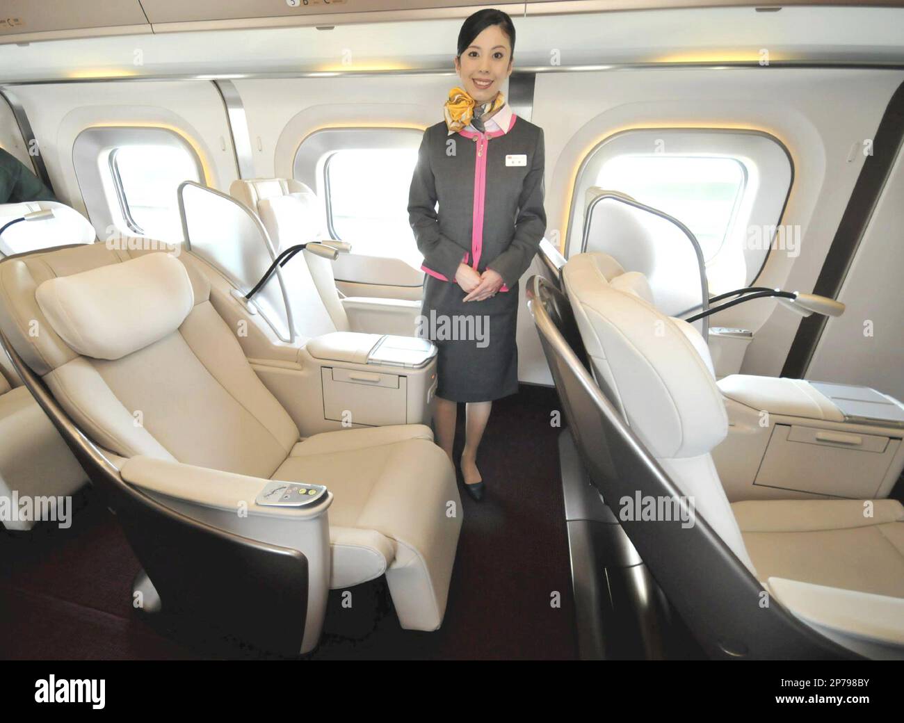 An attendant of JR East shows a brand new class, called Gran Class of ...