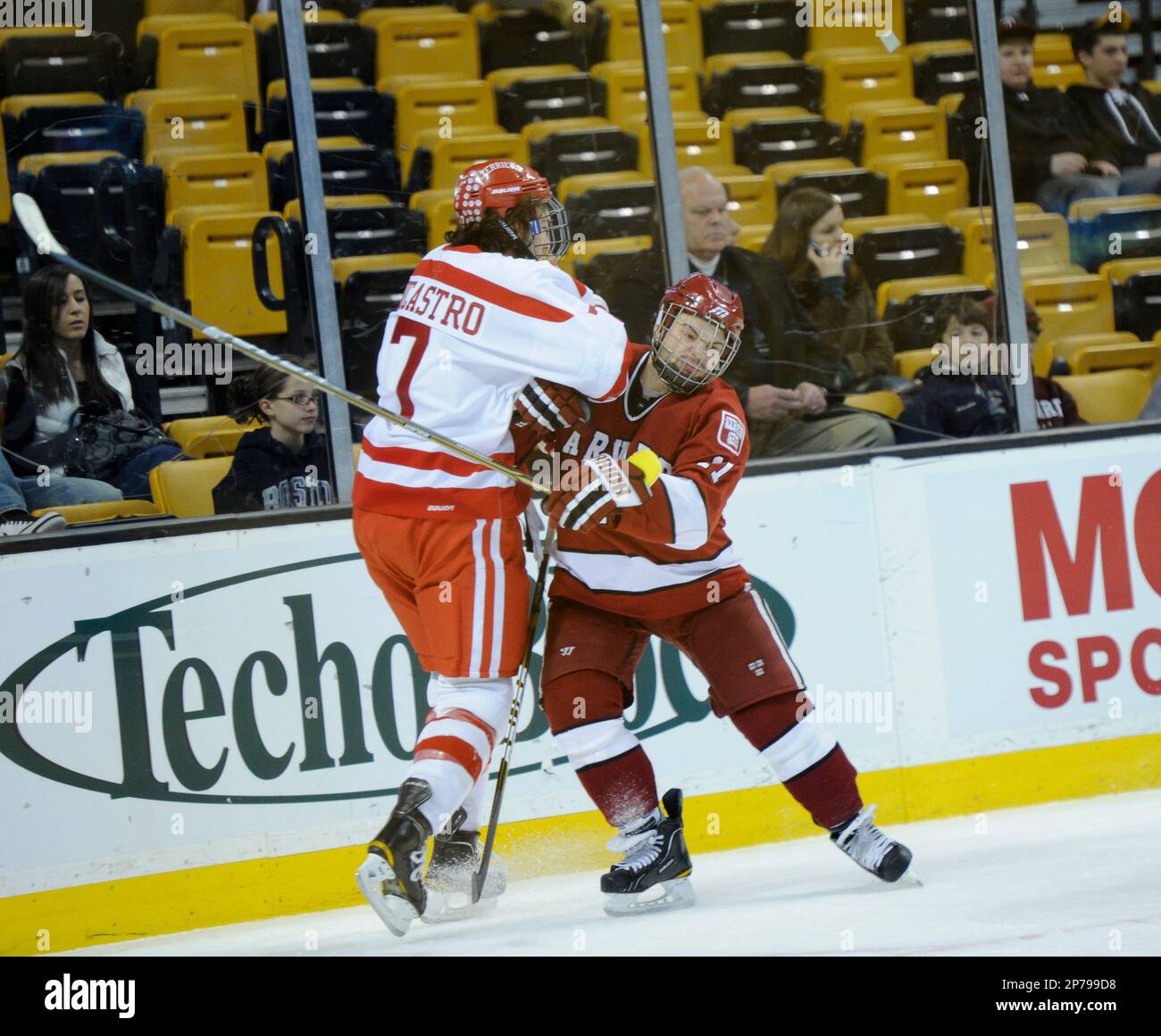 February 14, 2011: Daniel Moriarty #11 gets checked by Max Nicastro#7 ...