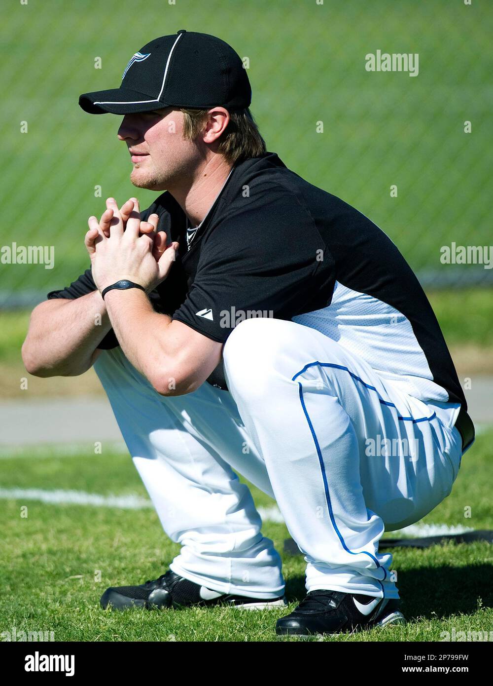 Toronto Blue Jays pitcher Kyle Drabek stretches during baseball spring ...