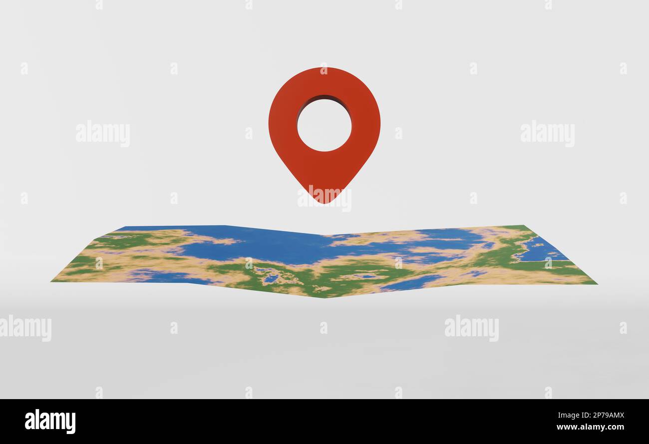 Map with geolocation pin point 3d rendering banner. Red location marker ...