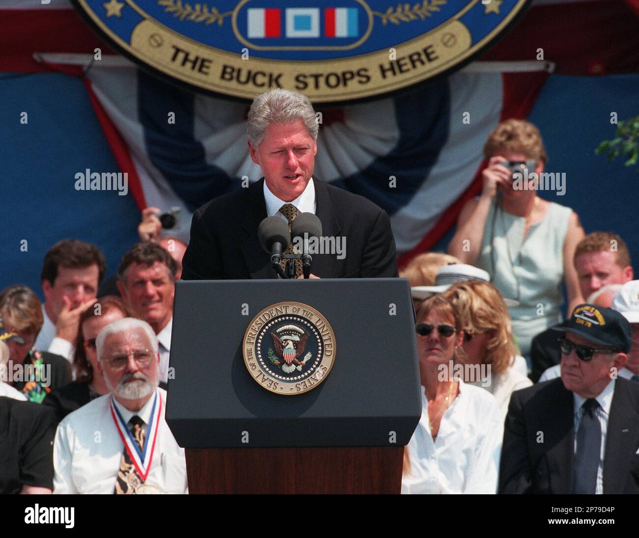 President Clinton speaking at the commissioning of the USS Harry S ...