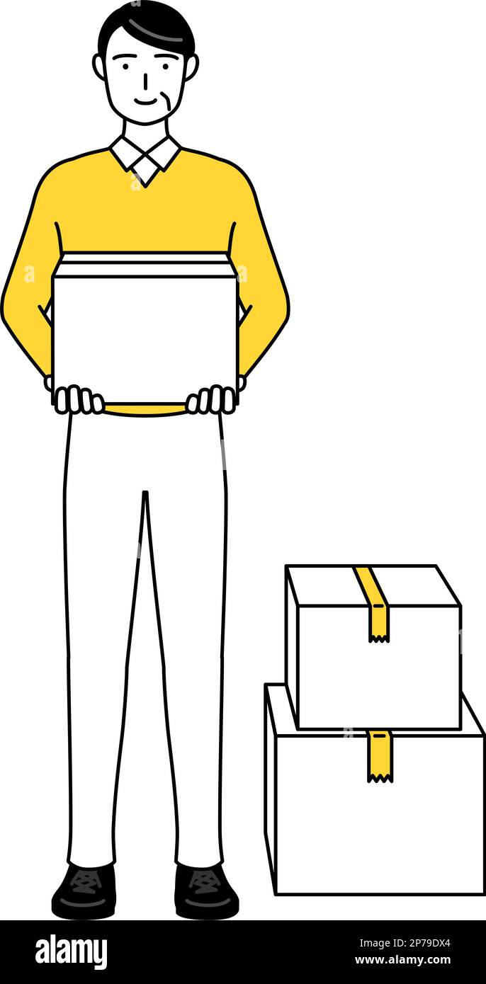 Retired seniors, middle-aged man, working to carry cardboard boxes ...