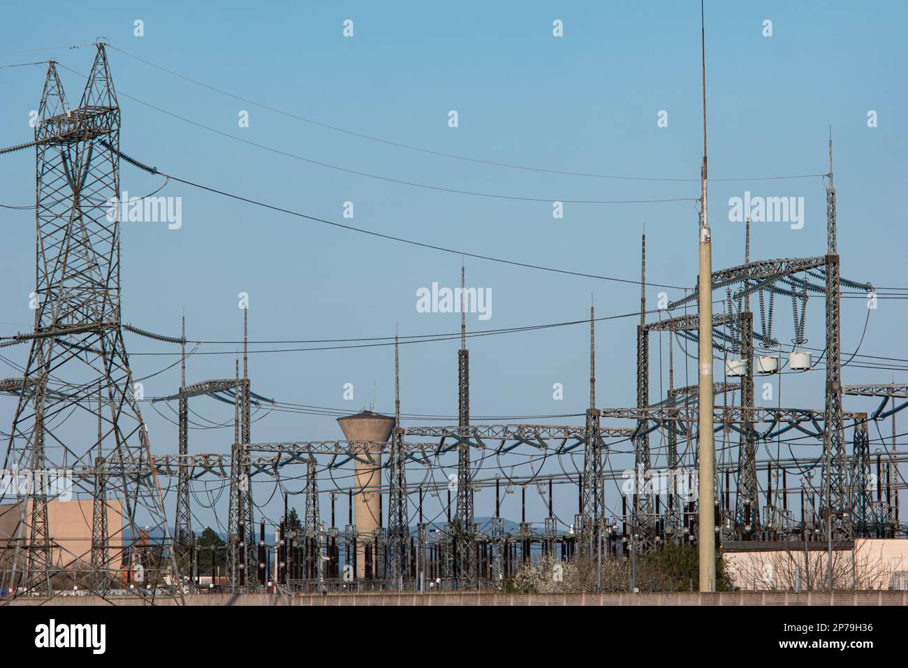 Power plant electricity transformer station and lines Stock Photo - Alamy