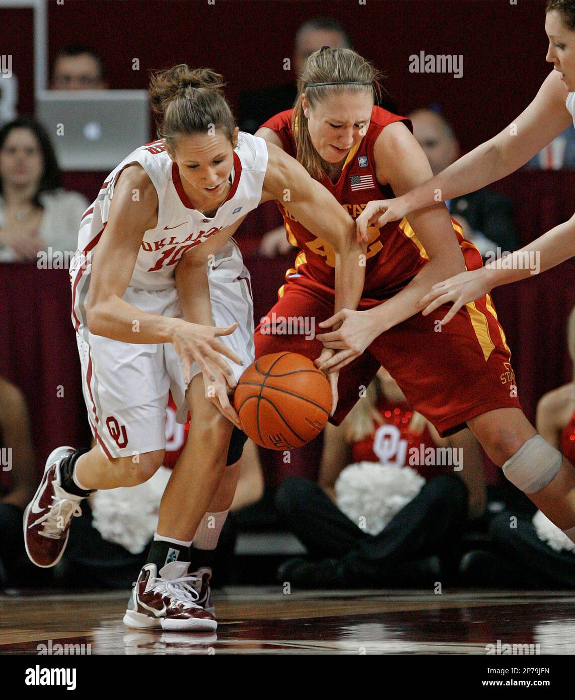 Oklahoma's Carlee Roethlisberger (10) strips the ball from Iowa State's ...