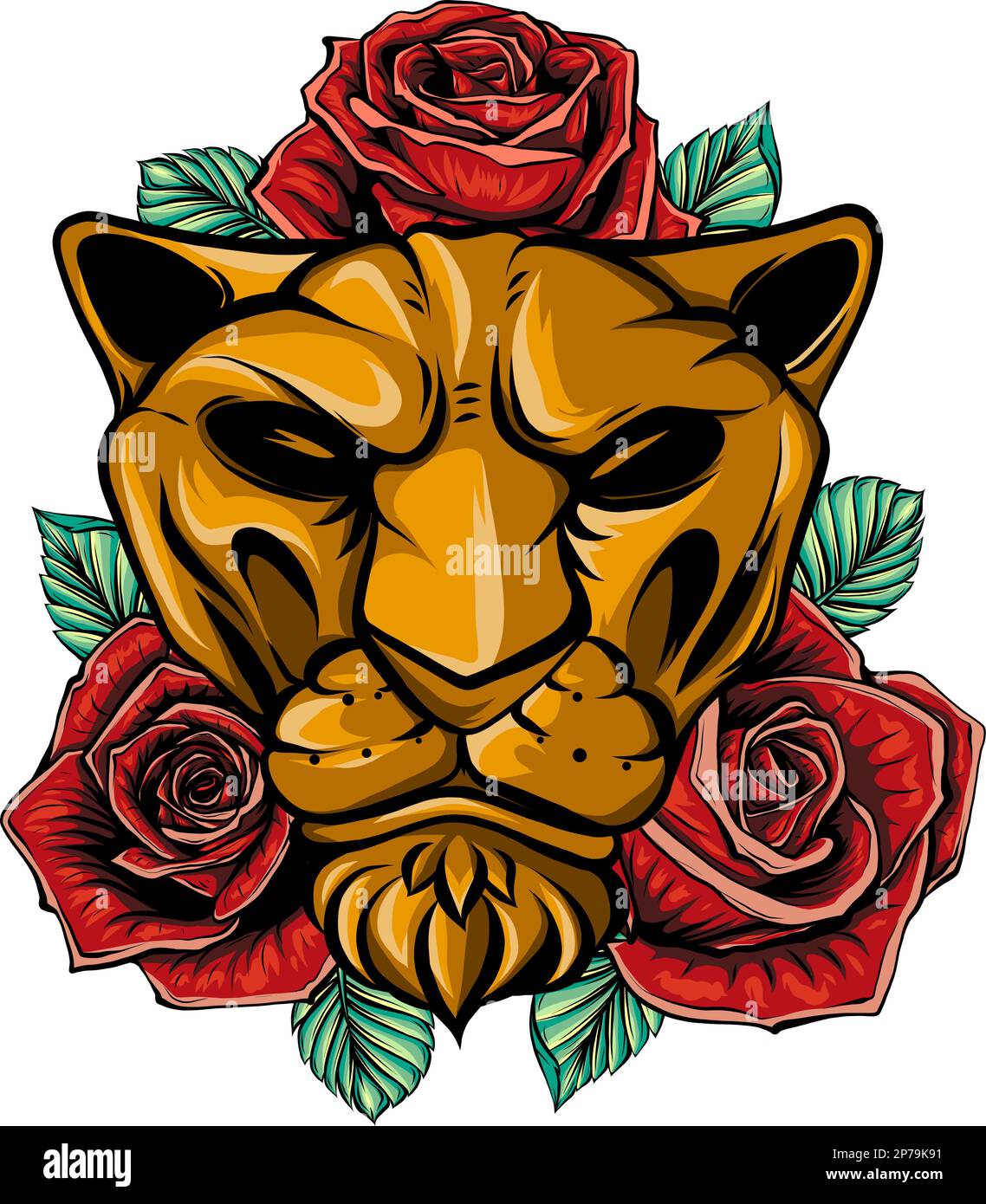 Lion with roses and leaves illustration Stock Vector Image & Art - Alamy