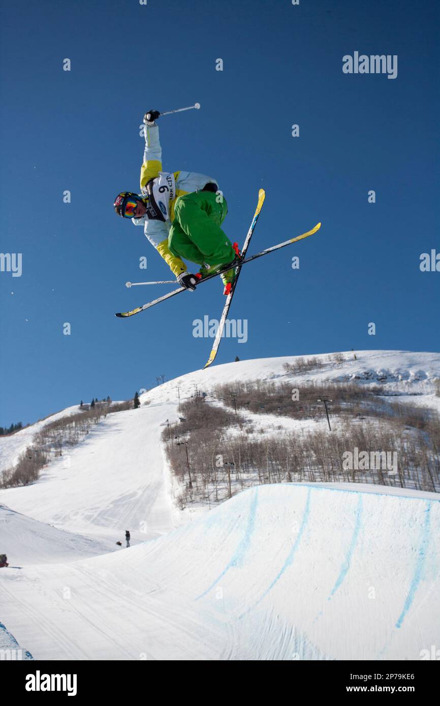 Halfpipe skier David Wise from Reno, Nevada, USA flies through the air with his skis after ...