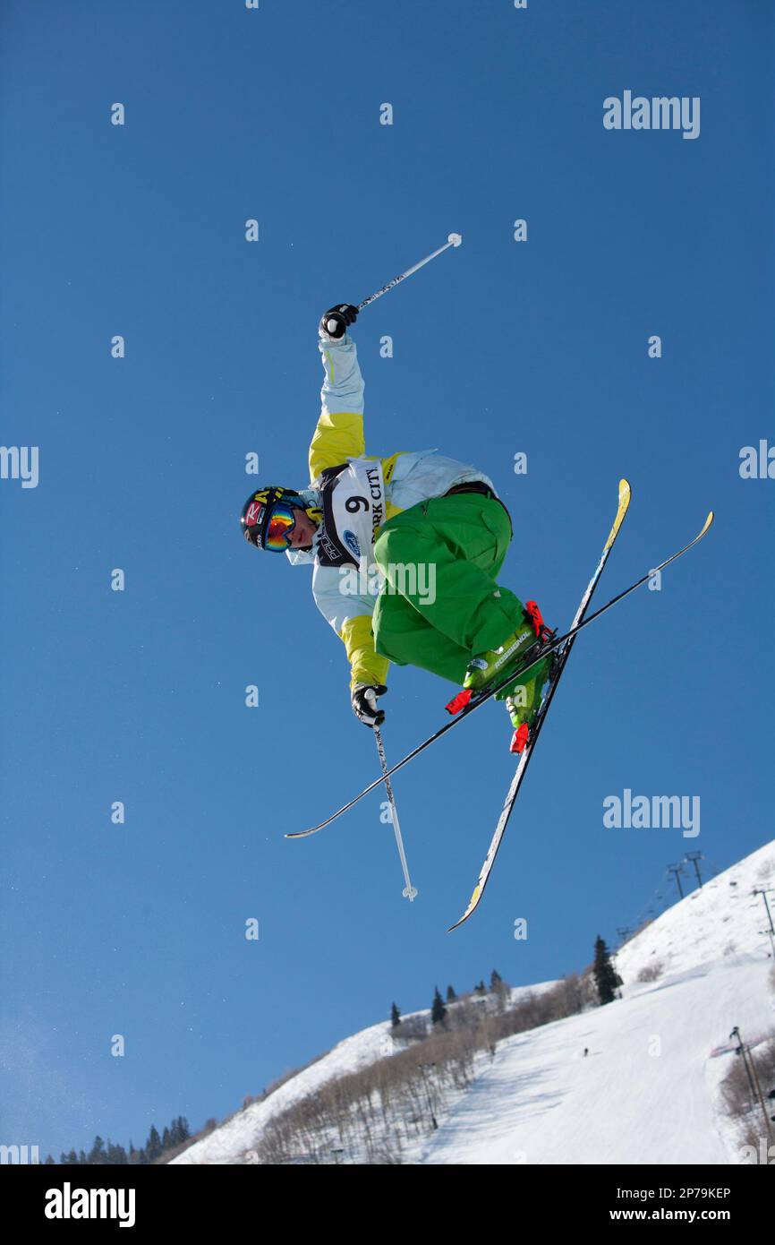 Halfpipe skier David Wise from Reno, Nevada, USA flies through the air with his skis after ...