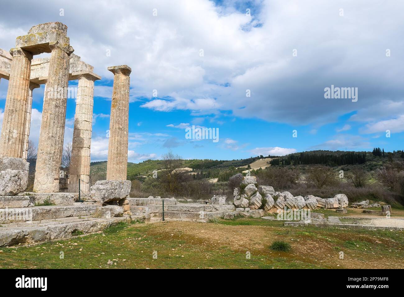 Doric style columns and ruins from Temple of ancient Greece. temple of Zeus in ancient Nemea ...