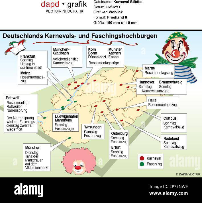 GRA106 GRAFIK KARNEVAL STAEDTE - Deutschlandkarte mit Markierung der ...
